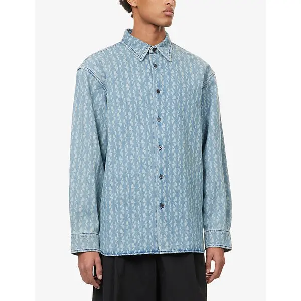 Dries Van Noten Pointed-collar Graphic-pattern Denim Shirt