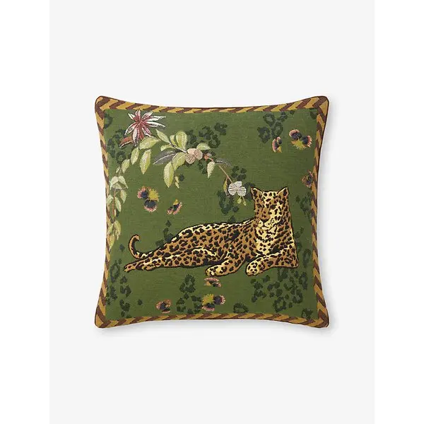 YVES DELORME Orchidia Cheetah-motif Cotton-blend Cushion Cover 45cm X 45cm - Kaki