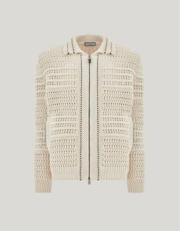 Canali Cotton Crochet Zip-up Cardigan - White