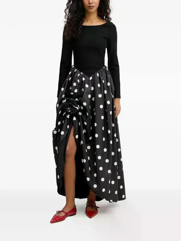 Sleeper Aurora Polka Dot-pattern Flower-embellishment Maxi Dress - Black
