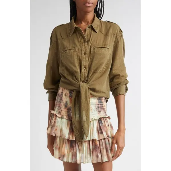 Isabel Marant Valiane Button-up Tie Front Top - Light Khaki