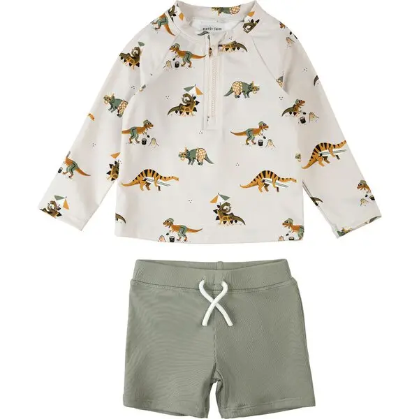 PETIT LEM Beach Dino Print Rashguard & Shorts Set - Beige