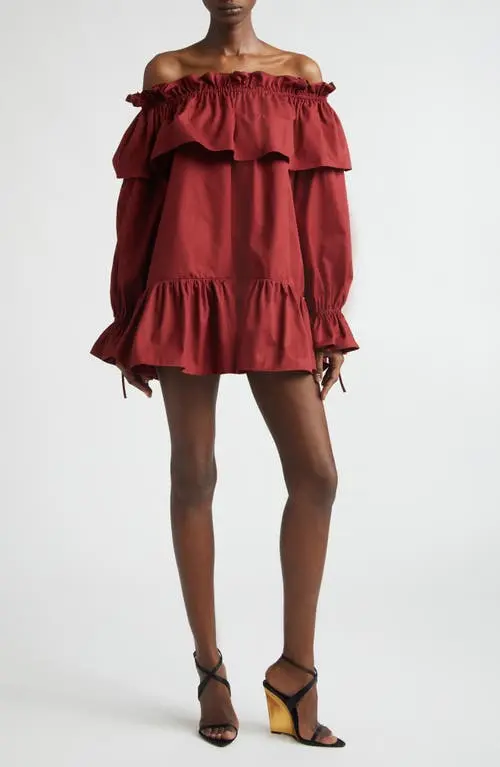 Saint Laurent Long Sleeve Cotton Ruffle Off The Shoulder Minidress - Rouge Fonce