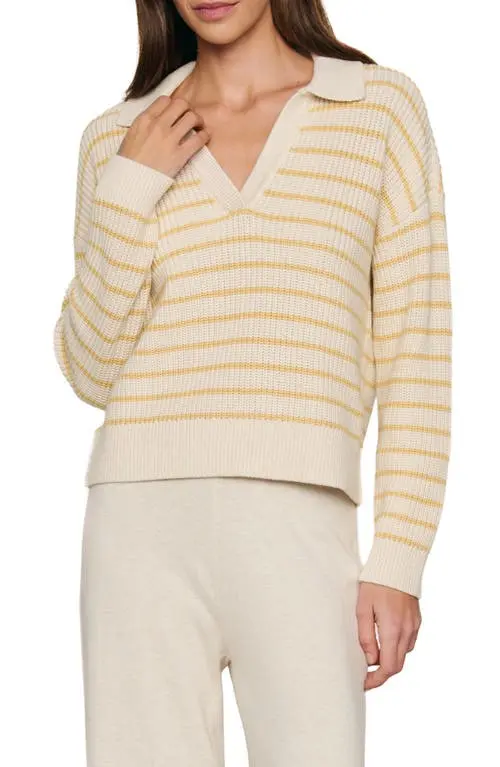 Eberjey Coastal Stripe Cotton Blend Polo Sweater - Stripe Almond Heather/sunbeam