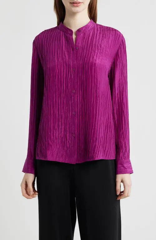 Eileen Fisher Mandarin Collar Silk Button-up Shirt - Berry Bloom