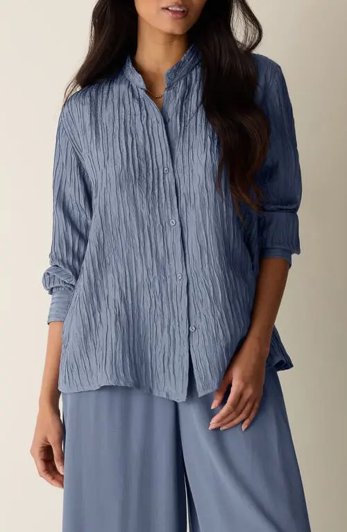 Eileen Fisher Mandarin Collar Silk Button-up Shirt - Flint