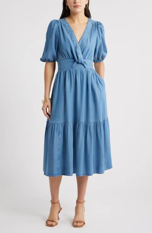 Caslon Twist Front Puff Sleeve Chambray Midi Dress