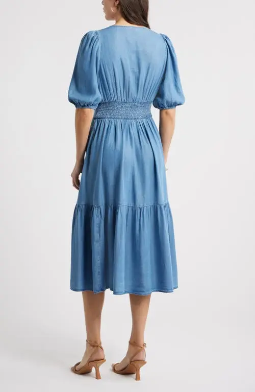 Caslon Twist Front Puff Sleeve Chambray Midi Dress