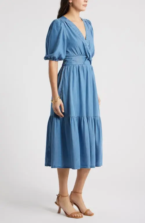 Caslon Twist Front Puff Sleeve Chambray Midi Dress