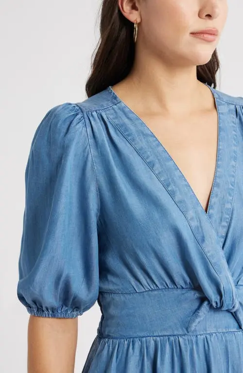 Caslon Twist Front Puff Sleeve Chambray Midi Dress