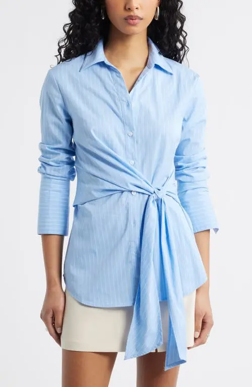 OPEN EDIT Pinstripe Button-up Tie Waist Poplin Top - Blue- Ivory Vertical Pin