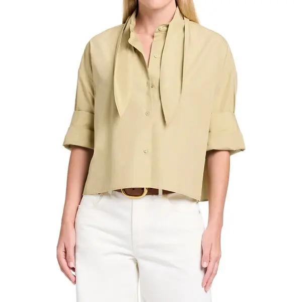 TWP Tie Neckline Cotton Top - Olive Grey