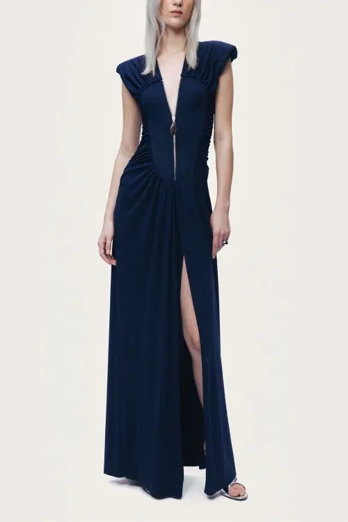 NOCTURNE Zip-front Draped Maxi Dress - Navy
