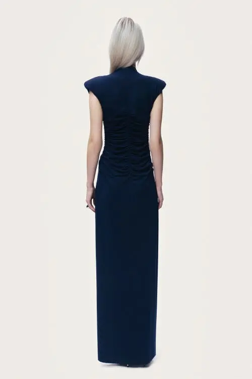 NOCTURNE Zip-front Draped Maxi Dress - Navy