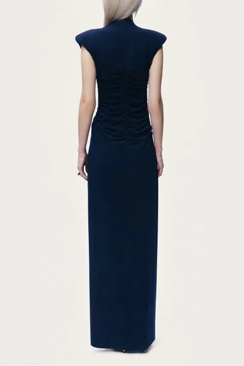 NOCTURNE Zip-front Draped Maxi Dress - Navy