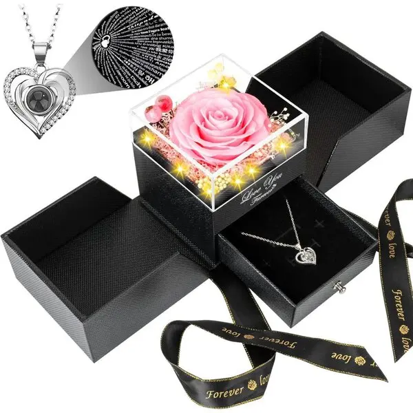 LOVERY Preserved Rose And Double Heart Pendant Necklace Set - Black/ Pink