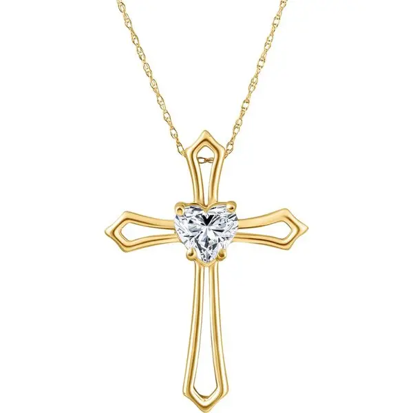 BLISS DIAMOND 1ct Cross Solitaire Heart Shape Diamond Necklace Gold Necklace 1" Tall - 10k Yellow Gold