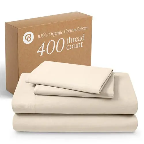 BARE HOME 400 Thread Count Organic Cotton Sateen Sheet Setsplit Head King - Sand