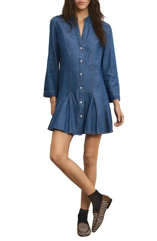 Veronica Beard Korinda Godet Pleat Long Sleeve Denim Dress - Pool Party