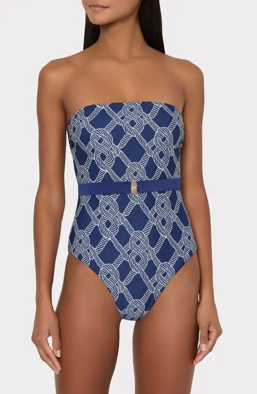 MILLY Rope Print Belted One-piece Swimsuit - Navy/white