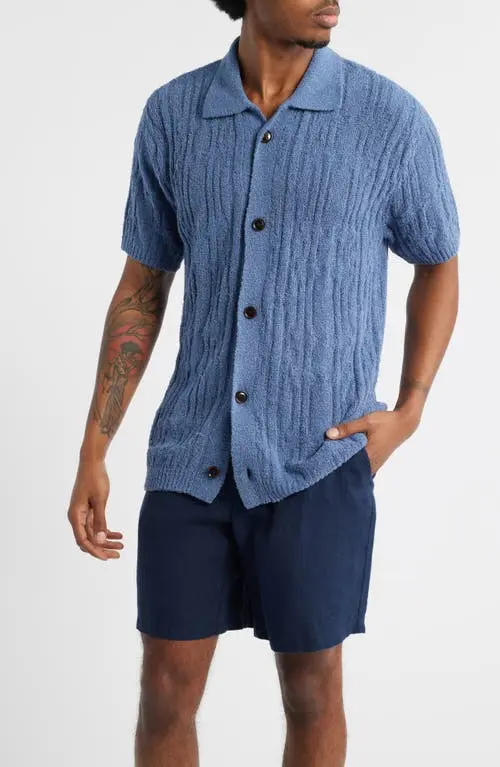 Oas Zefi Salamanca Texture Knit Short Sleeve Button-up Shirt - Blue