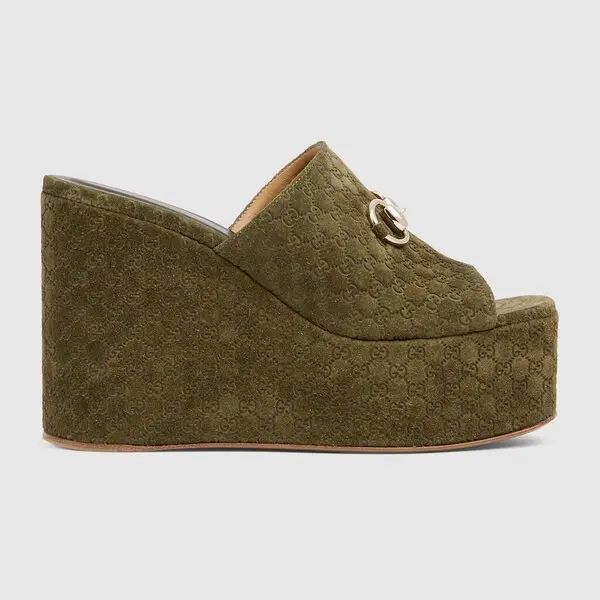 Gucci Wedge Sandal With Horsebit Gg Canvas - Green