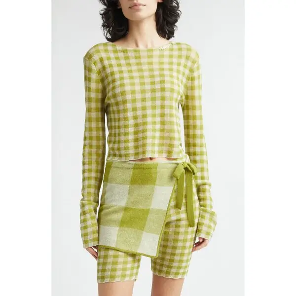 YANYAN Gingham Check Wool Boatneck Sweater - Sprout