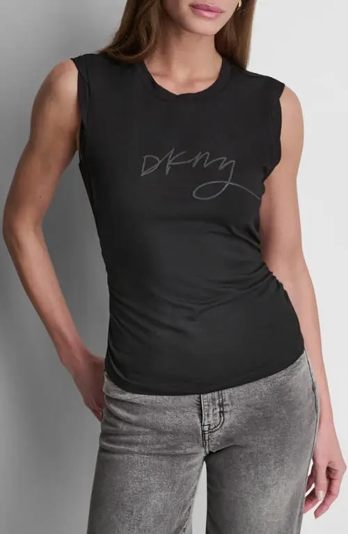 Dkny Script Ruched Cotton Blend Tank - Black