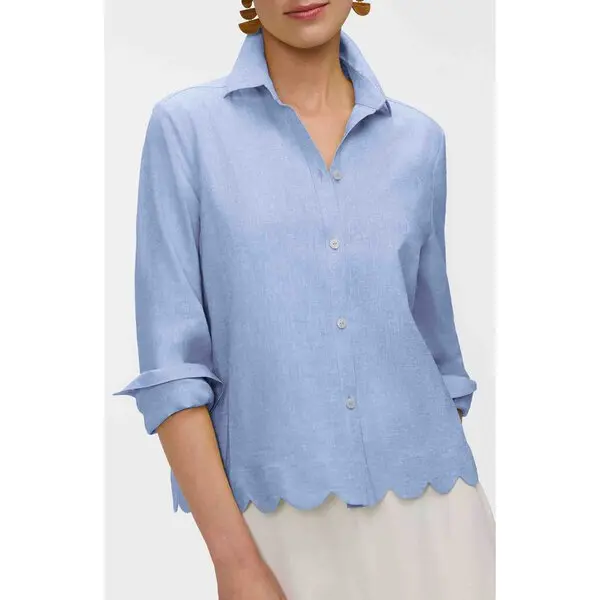 Foxcroft Scallop Hem Linen Blend Button-up Shirt - Powder Blue