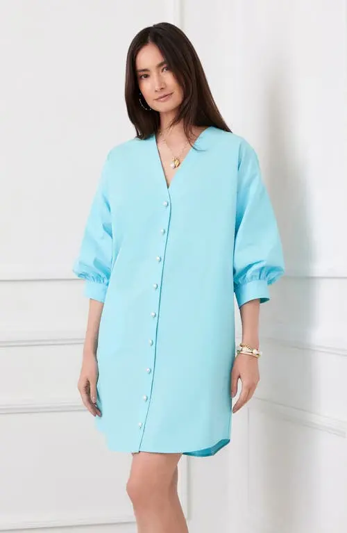 Karen Kane Puff Sleeve Button-up Dress - Aqua