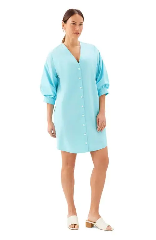 Karen Kane Puff Sleeve Button-up Dress - Aqua