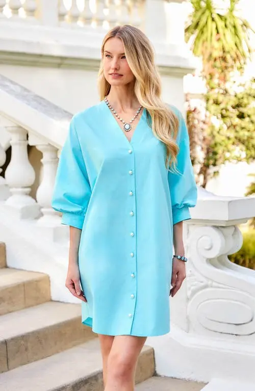 Karen Kane Puff Sleeve Button-up Dress - Aqua