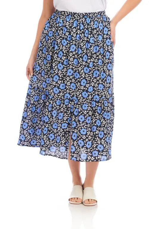 Karen Kane Floral Front Slit Midi Skirt - Blue Print