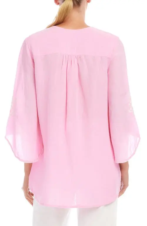 Karen Kane Embroidered Asymmetric Hem Linen Blend Top - Pink