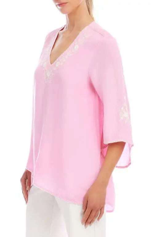 Karen Kane Embroidered Asymmetric Hem Linen Blend Top - Pink
