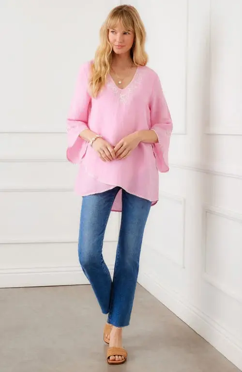Karen Kane Embroidered Asymmetric Hem Linen Blend Top - Pink
