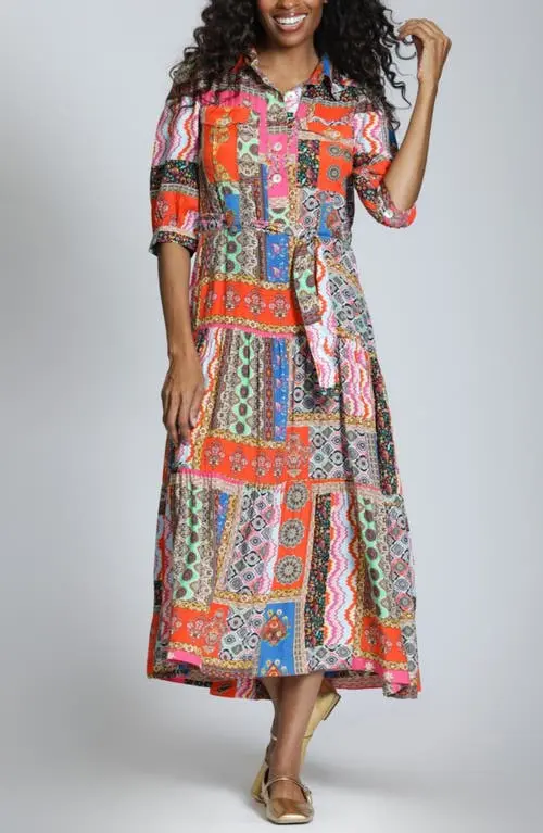 APNY Patchwork Print Shirtdress - Hot Coral Multi