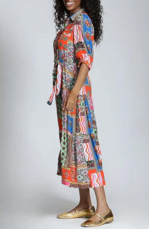APNY Patchwork Print Shirtdress - Hot Coral Multi