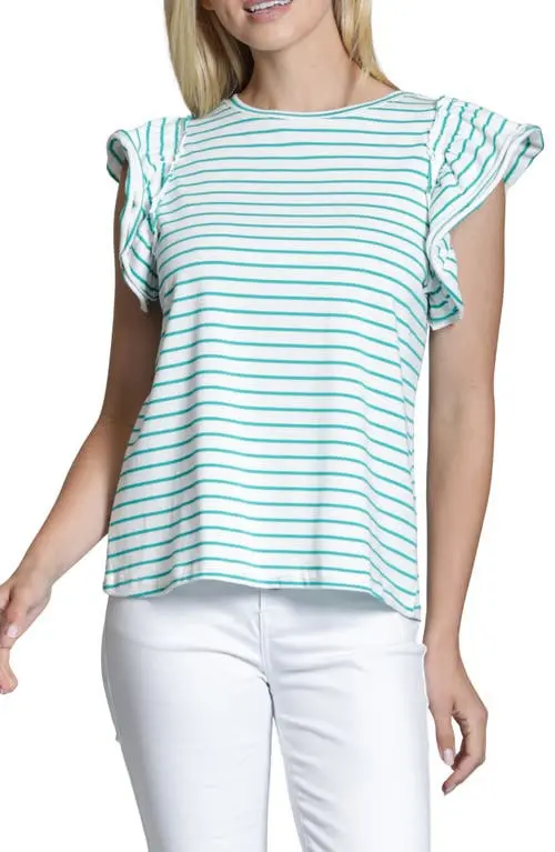 APNY Stripe Ruffle Cap-sleeve T-shirt - White/jade Stripe