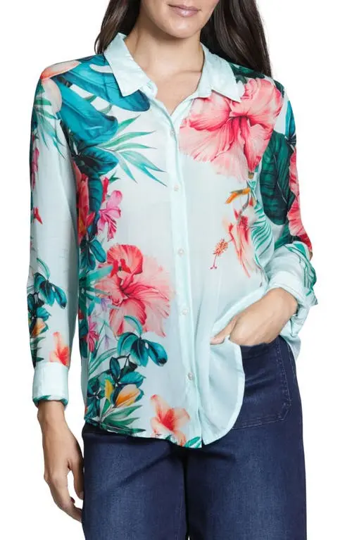 APNY Floral Print Button-up Shirt - Aqua