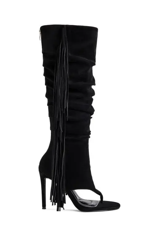 AZALEA WANG Fringe Stiletto Sandal Boots - Black