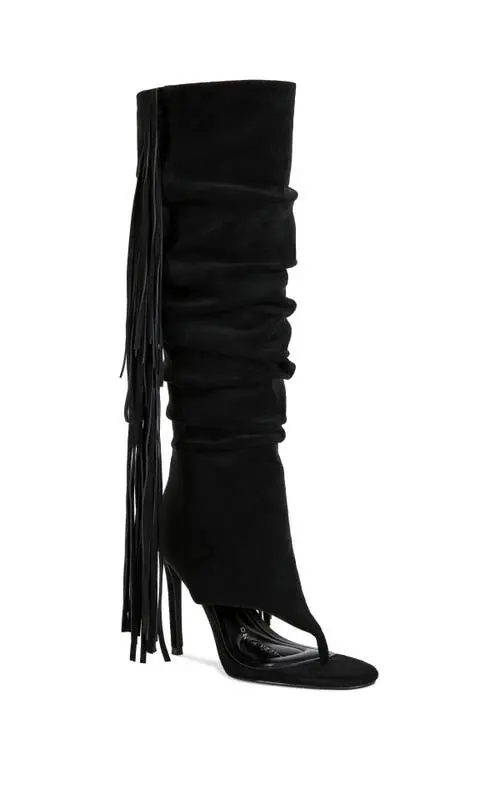 AZALEA WANG Fringe Stiletto Sandal Boots - Black
