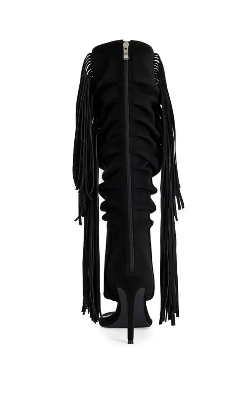 AZALEA WANG Fringe Stiletto Sandal Boots - Black
