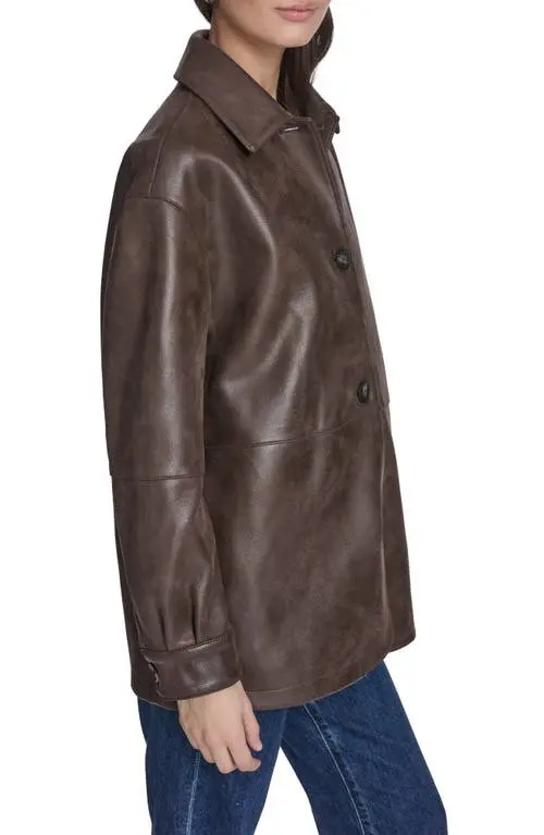 LEVI'S Water Resistant Faux Leather Longline Coat - Dark Brown Faux Suede