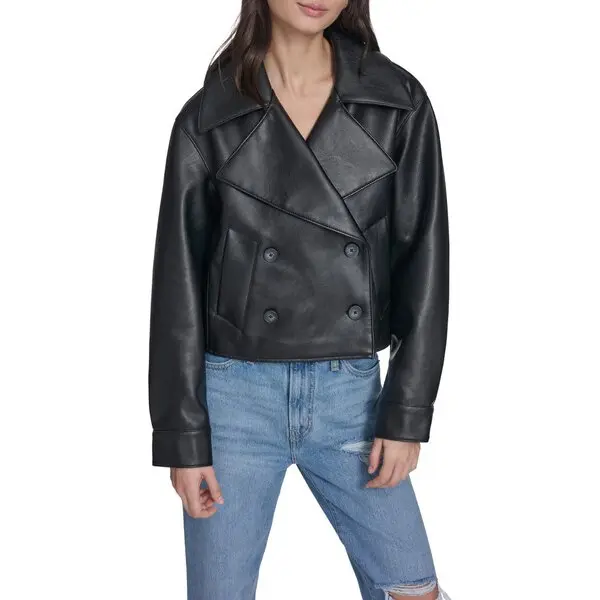 LEVI'S Double Breasted Faux Leather Crop Trench Coat - Black