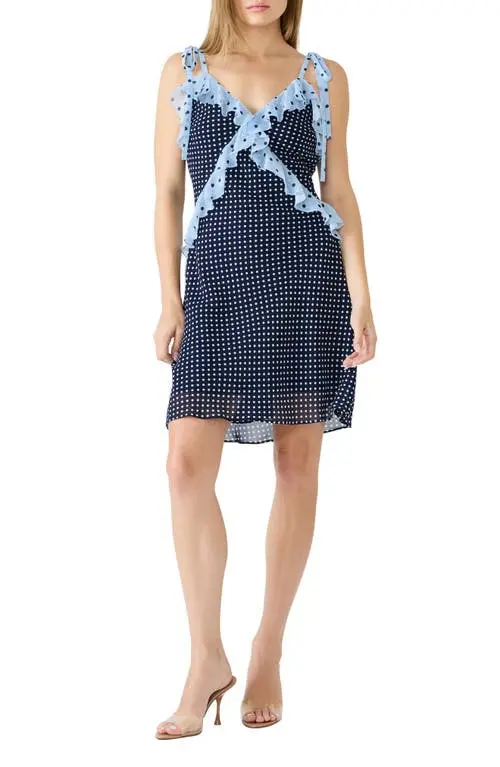 Steve Madden Adalina Polka Dot Ruffle Chiffon Minidress - Vintage Navy