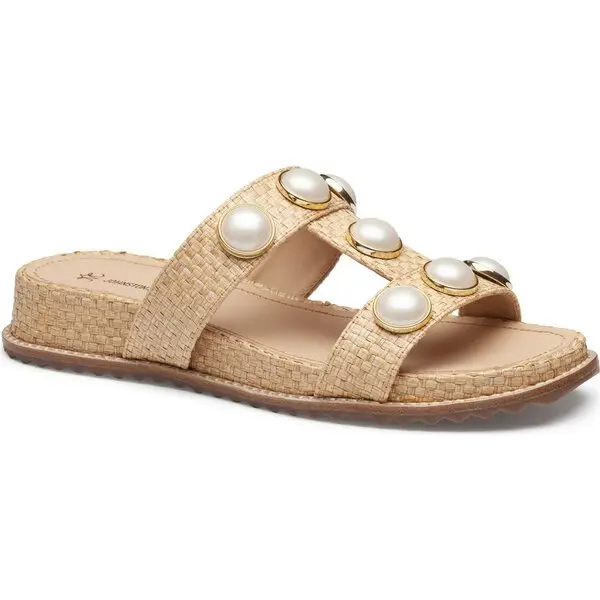 Johnston & Murphy Chandler Embellished Wedge Slide Sandal - Natural Raffia