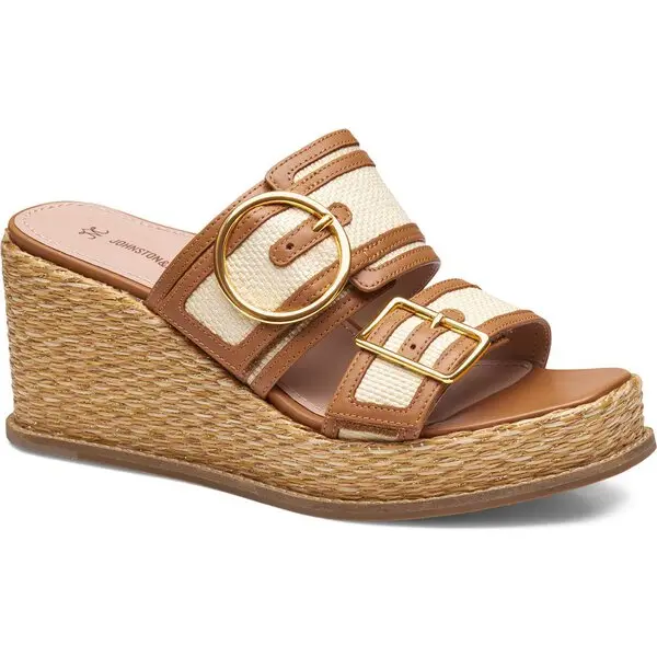 Johnston & Murphy Mallory Double Buckle Platform Wedge Sandal - Natural Raffia