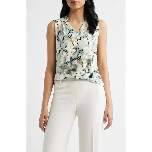 Anne Klein Floral Print Sleeveless Top - Soft Aloe Multi
