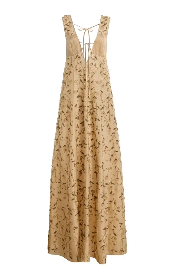 MEL USINE Faustine Embroidered Silk Maxi Dress - Neutral